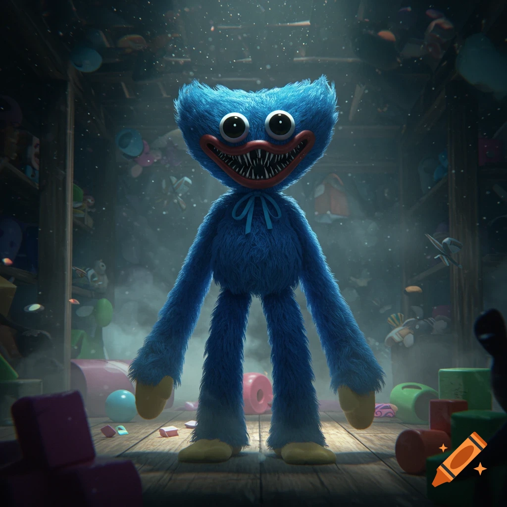 Blue, fuzzy Huggy Wuggy monster with sharp teeth stands in a dusty ...