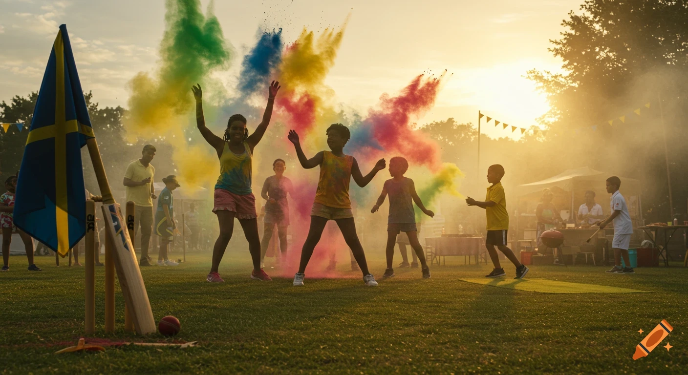 Silhouettes of people dance joyfully amidst bursts of colorful powder ...