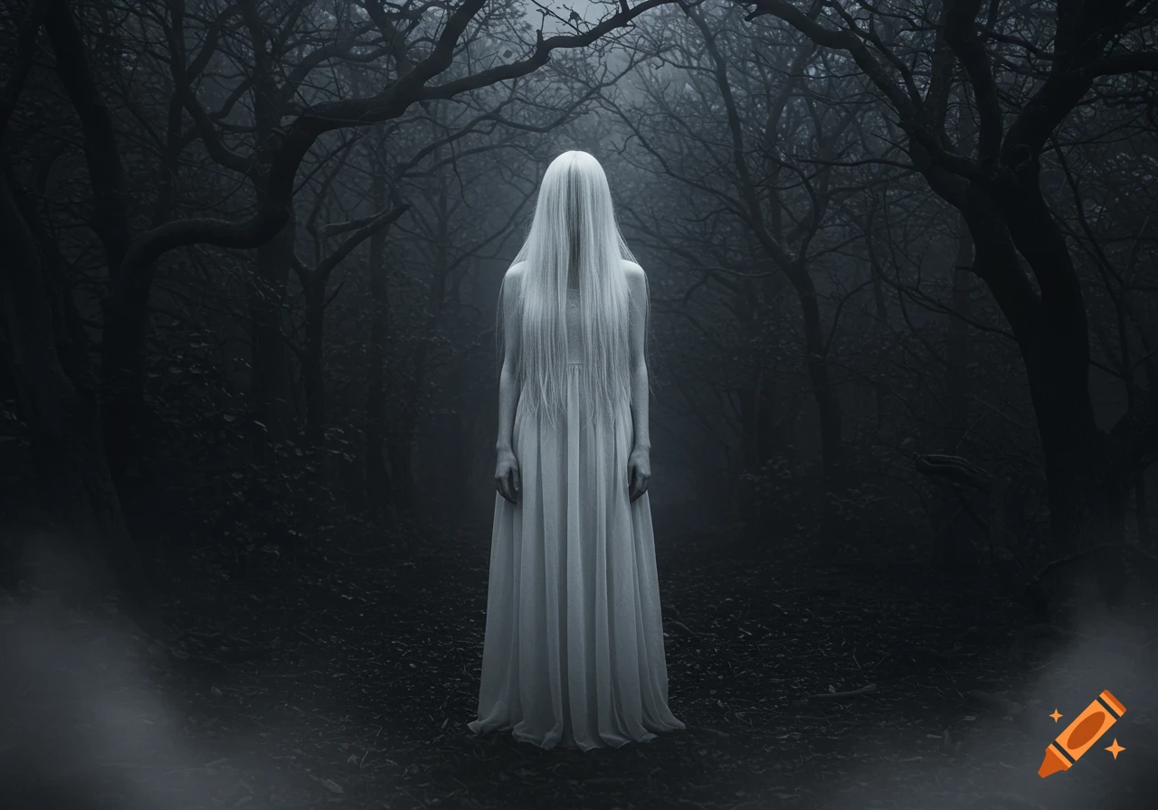 An ethereal ghostly woman with long dark hair and a tattered white ...