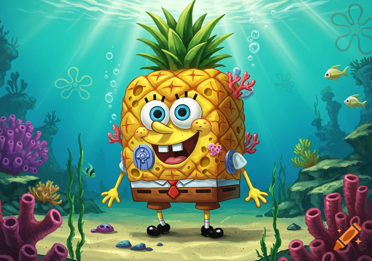 A happy, cartoonish, orange-nosed sponge character in blue shorts and ...