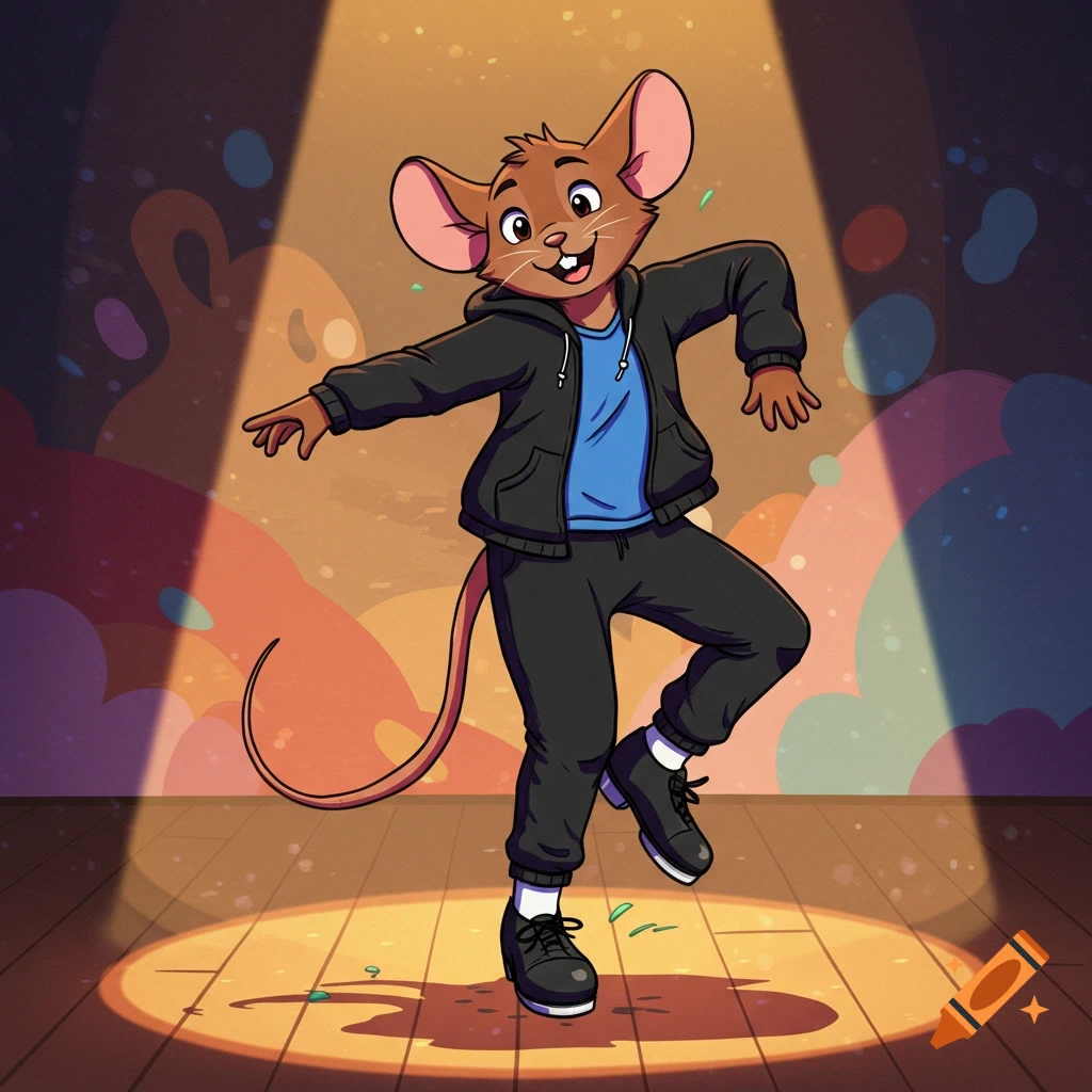 A happy brown cartoon mouse tap dancing in a black hoodie and blue t ...