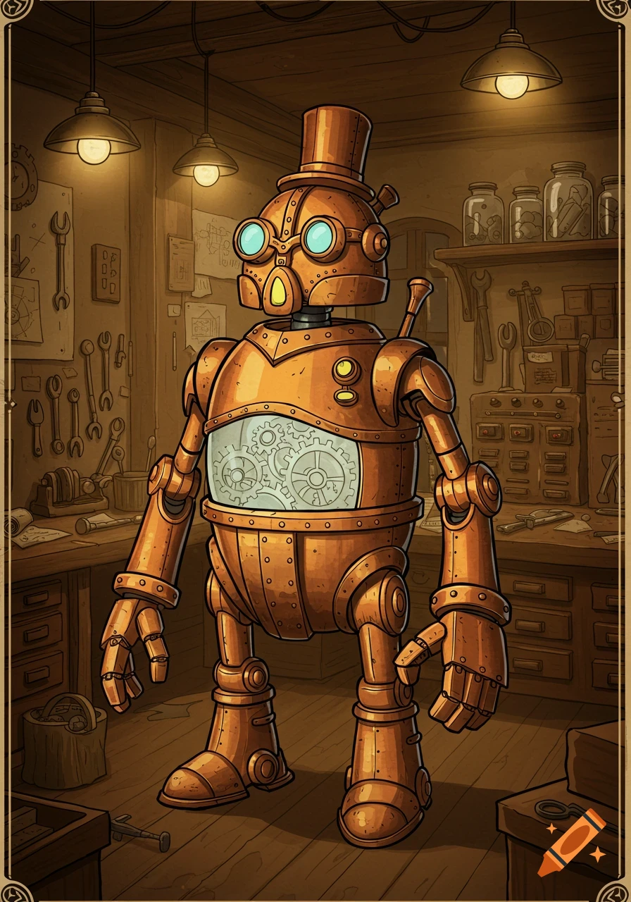 A detailed illustration of a steampunk robot with goggles and a top hat ...
