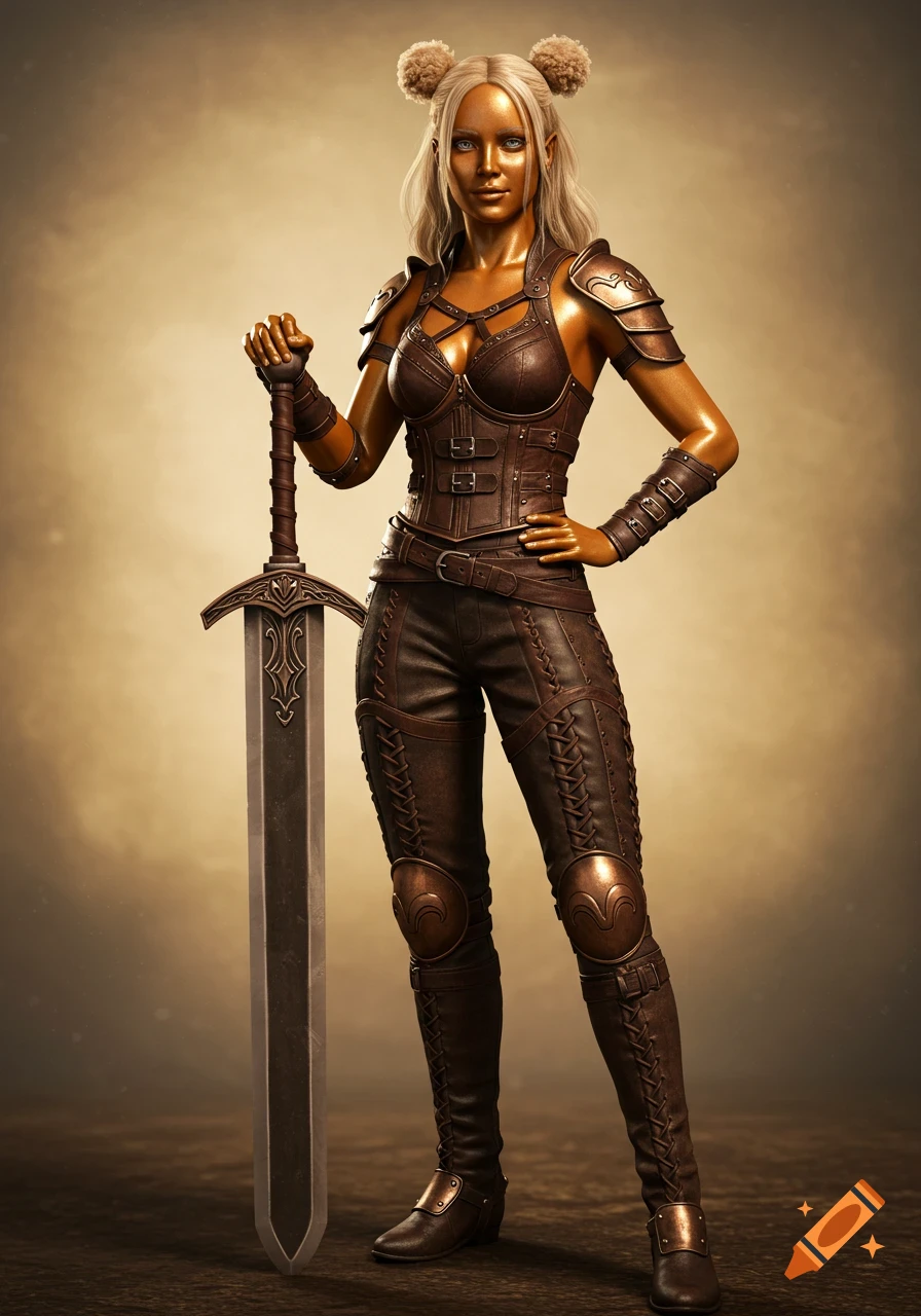 A photorealistic golden-skinned female warrior in dark brown leather ...