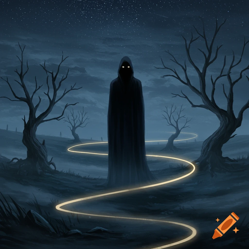 A dark, hooded figure with glowing eyes stands in a desolate, moonlit ...