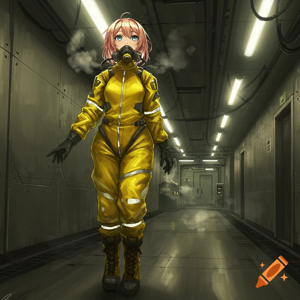 An anime girl in a yellow hazmat suit and gas mask stands in a dimly ...