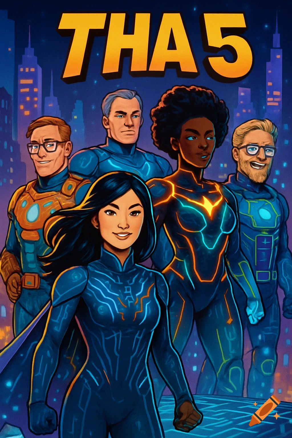 Cartoon image of five superheroes (two women, three men) in glowing ...