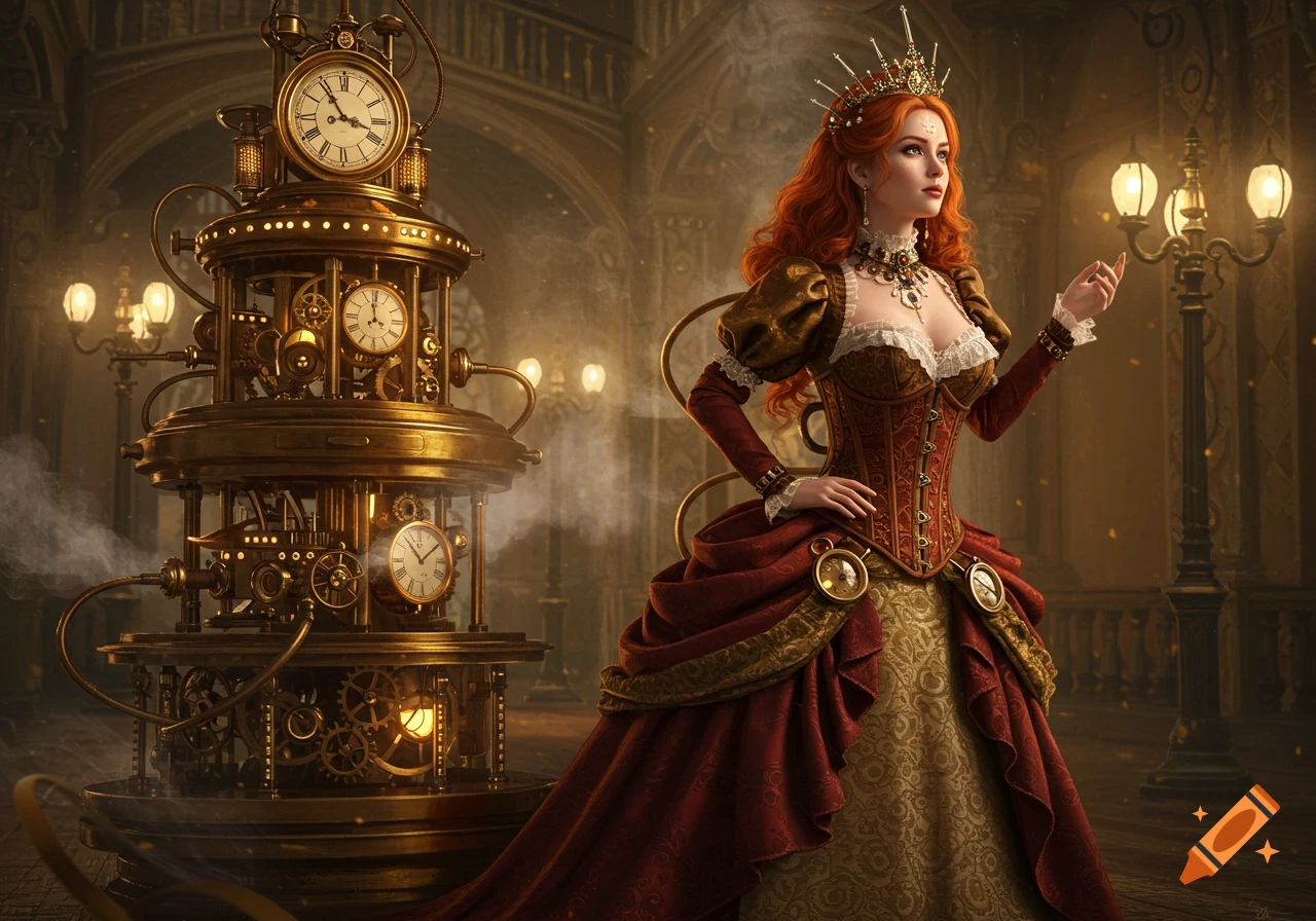 A red-haired steampunk princess in an ornate red and gold gown stands ...