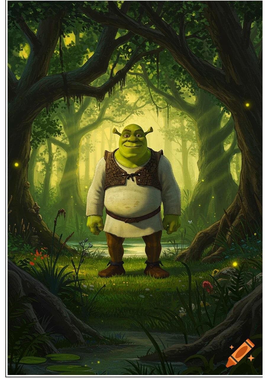 Shrek stands in a magical, lush green forest with glowing fireflies. on ...