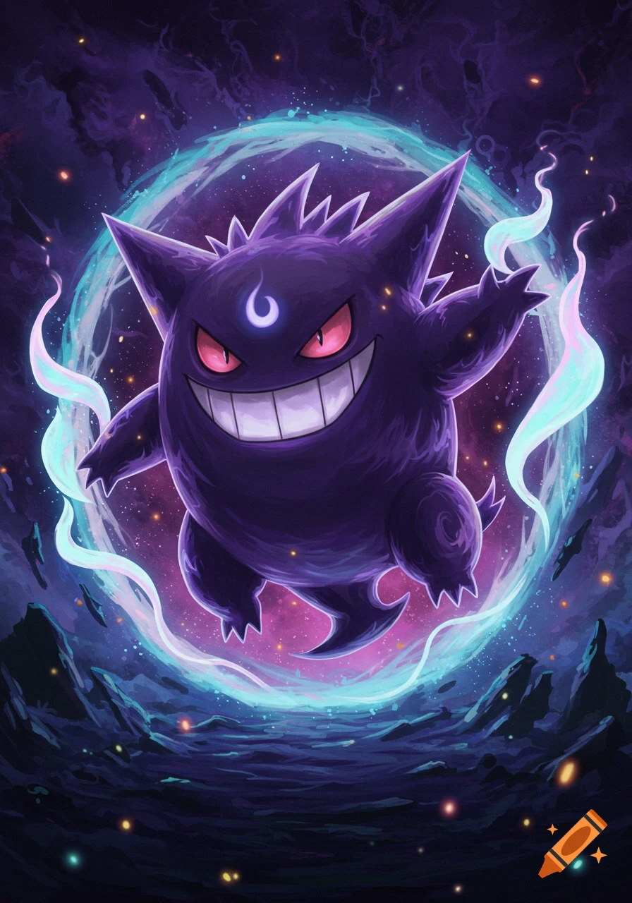 A grinning purple Gengar with red eyes and a crescent moon symbol on ...