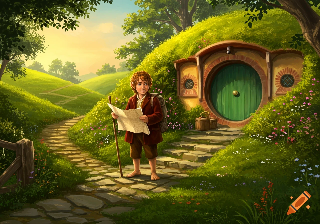An illustration of a hobbit with a map and walking stick, standing on a ...