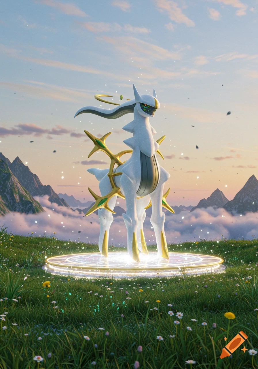 Realistic 3D render of Arceus standing on a glowing platform in a ...