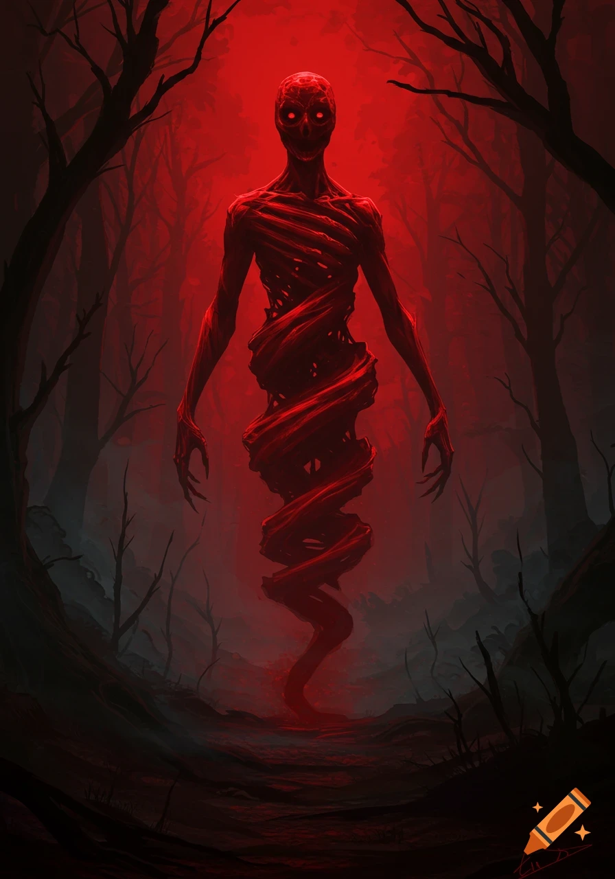 A creepy red, humanoid entity with a spiraling body and glowing eyes ...