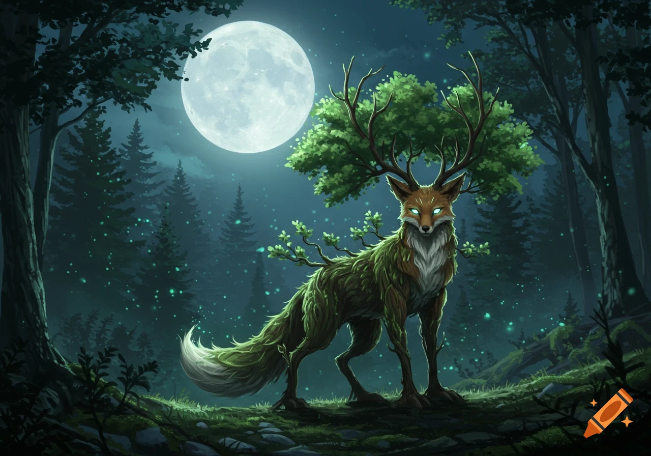 A mystical fox-deer hybrid creature covered in green foliage stands in ...