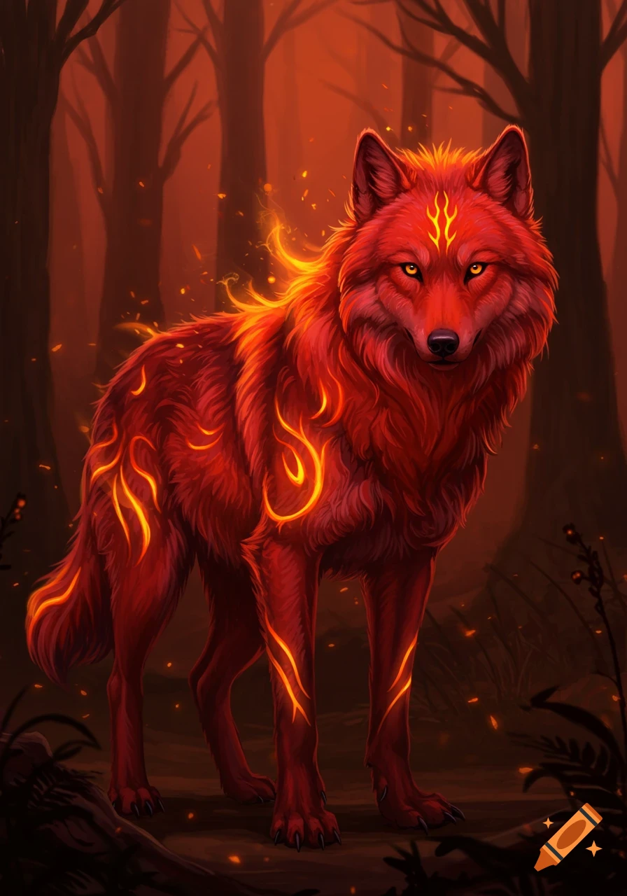 A majestic red wolf with glowing fiery markings stands in a dark ...