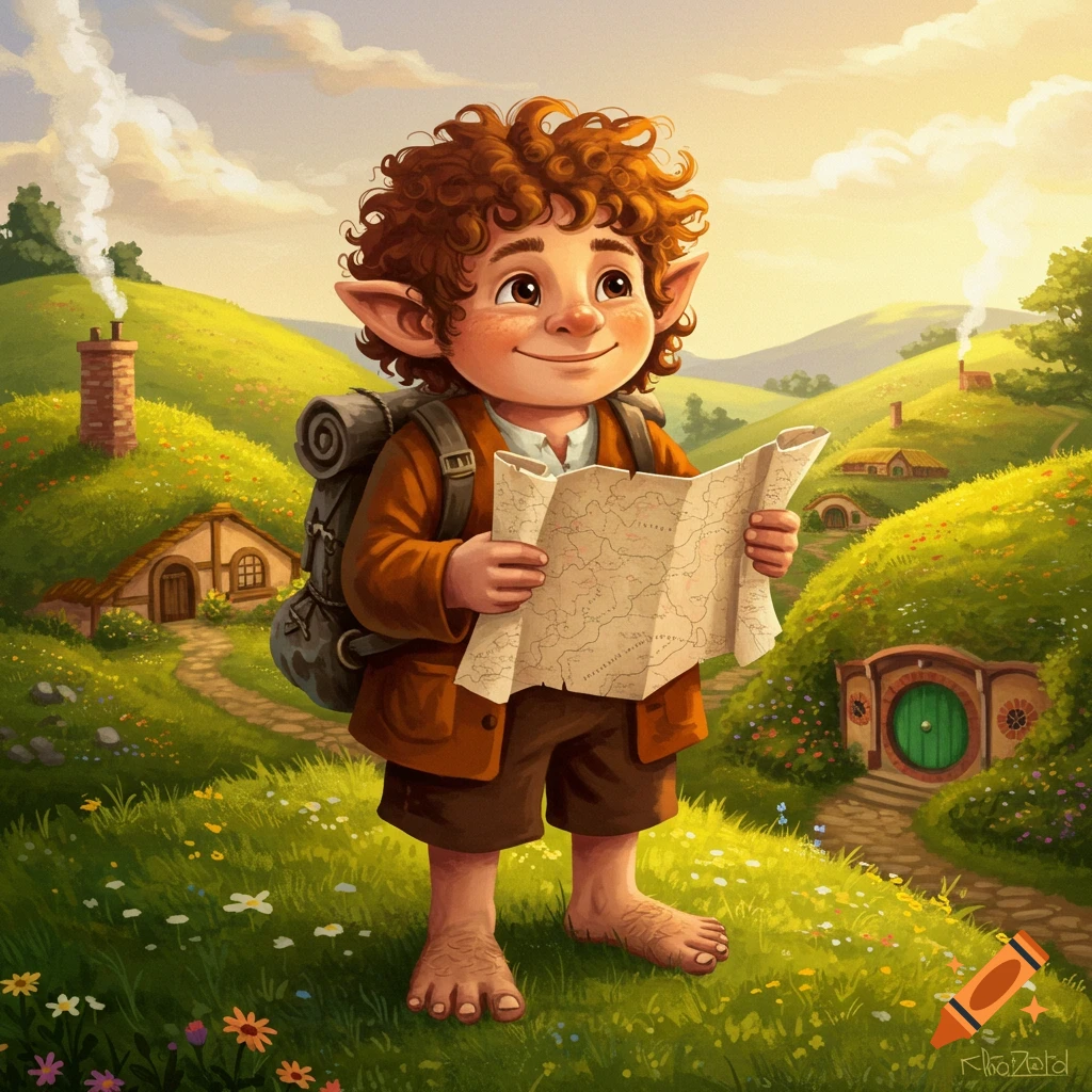 A cheerful, curly-haired hobbit with a backpack stands barefoot in a ...