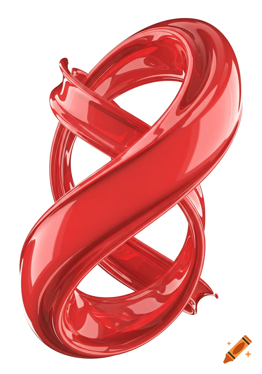 A glossy, translucent red ribbon swirls in an abstract, fluid-like ...