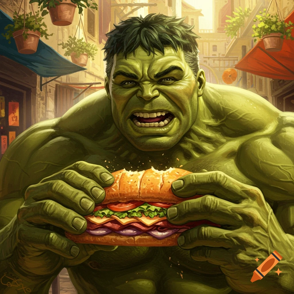 An angry Hulk in a comic book art style, intensely bites into a large ...