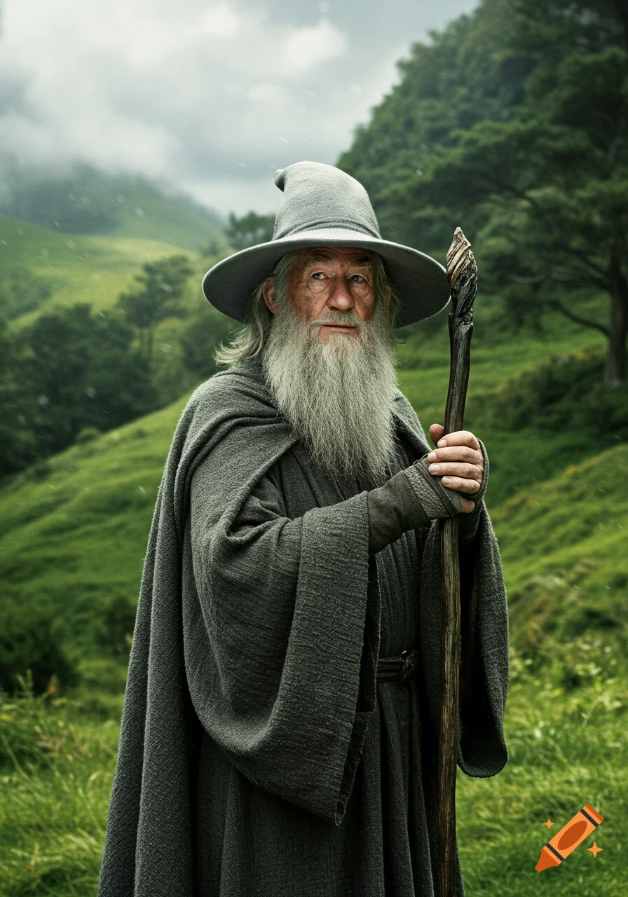 Photorealistic Gandalf, an old wizard with a long white beard, gray ...
