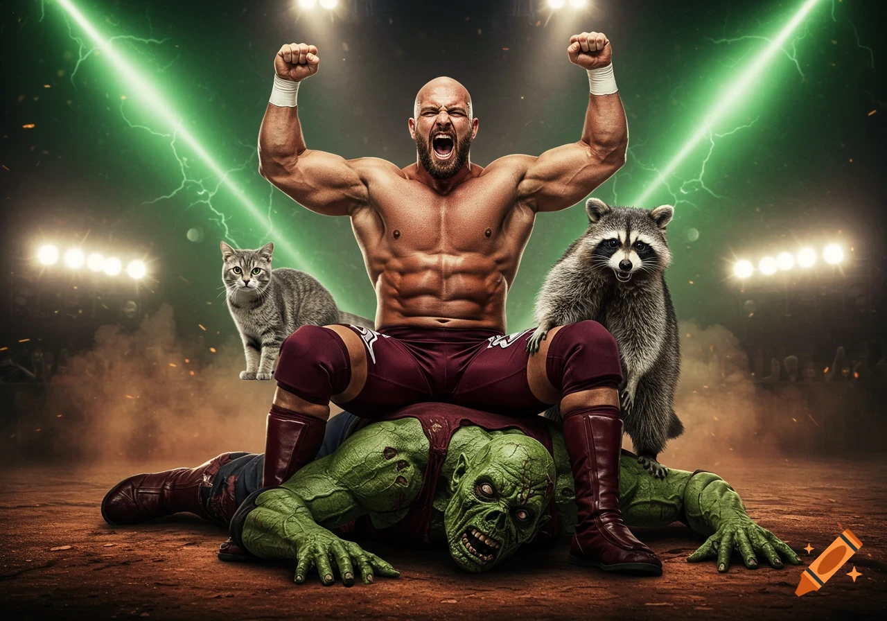 Muscular bald wrestler triumphantly sits on a defeated green zombie in ...