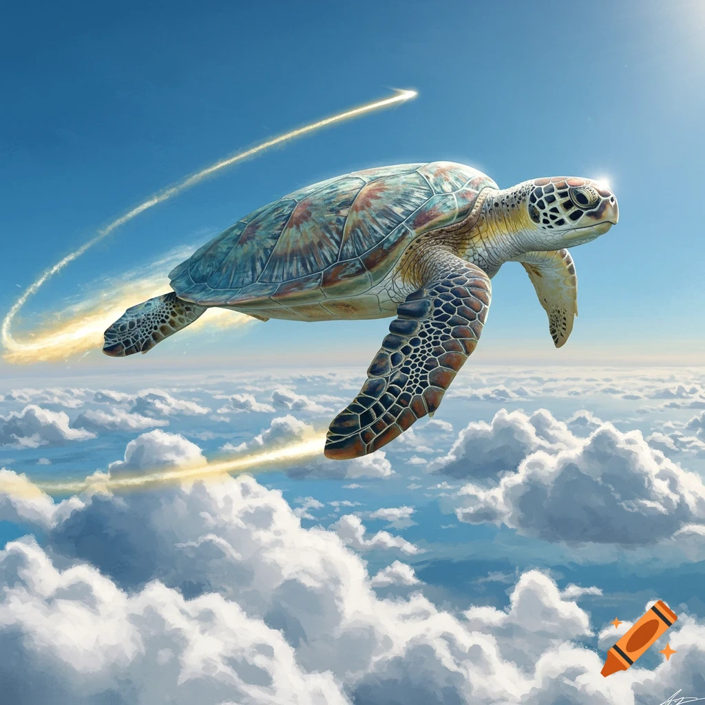 A large sea turtle with a glowing contrail flies high above fluffy ...