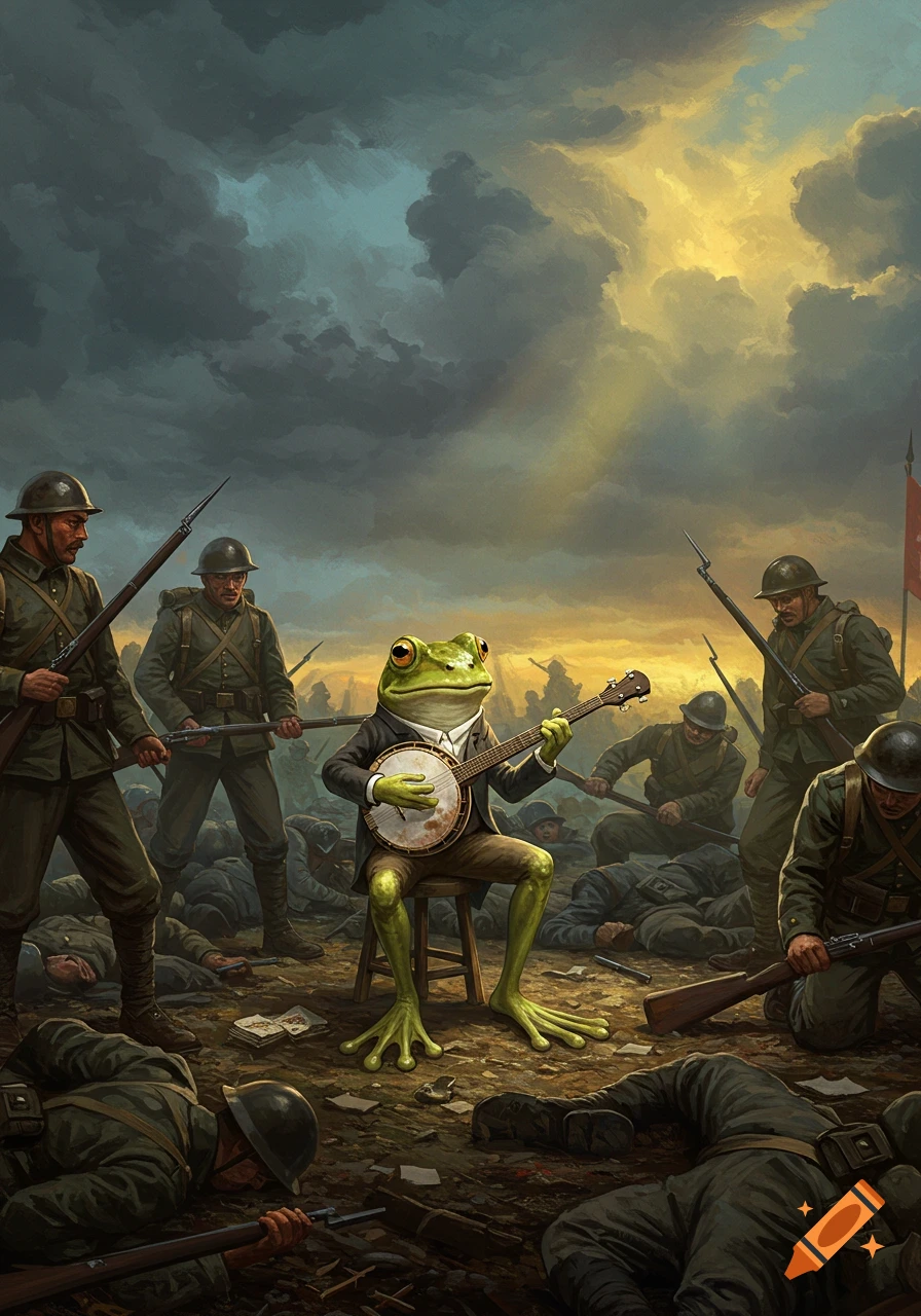 A frog in a suit plays a banjo in the middle of a battlefield ...