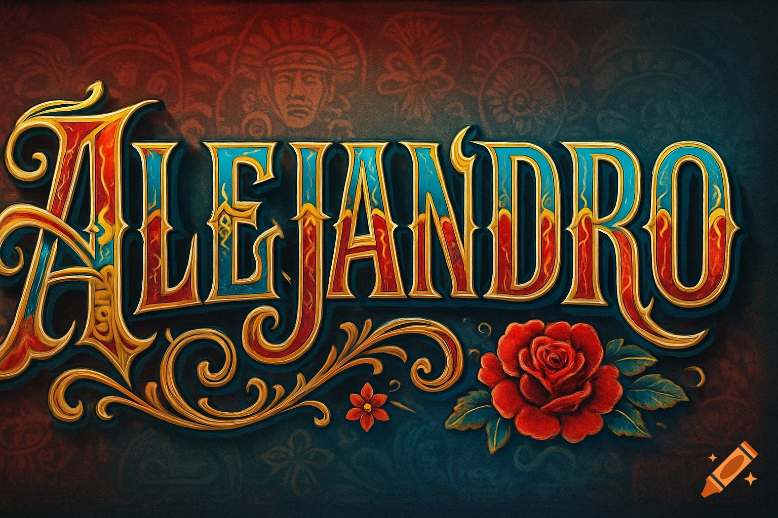 Stylized chicano art lettering of the name 'Alejandro' in red and blue ...