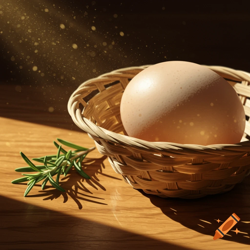 A single light brown egg in a woven basket with a sprig of rosemary on ...