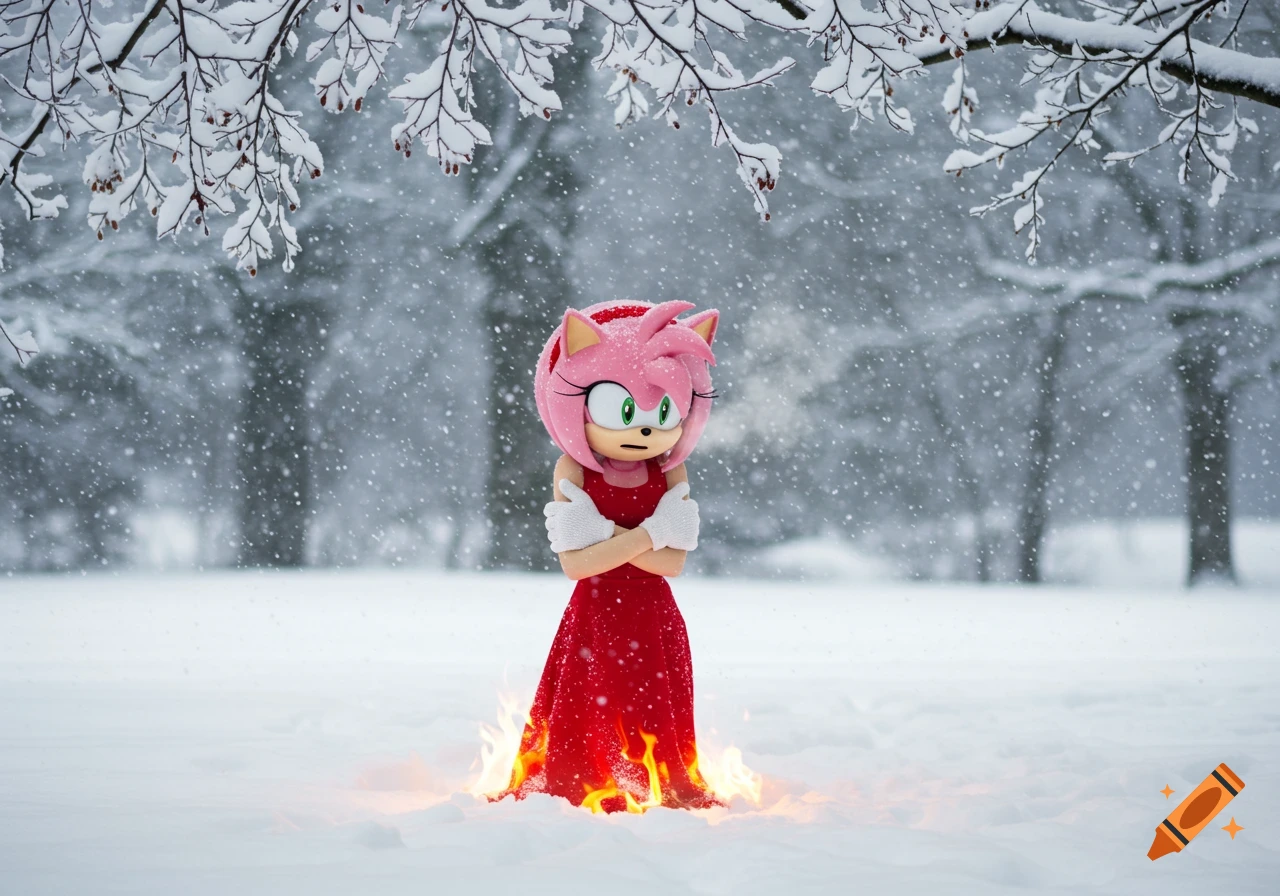 Photorealistic 3D render of Amy Rose in a red dress, shivering in a ...