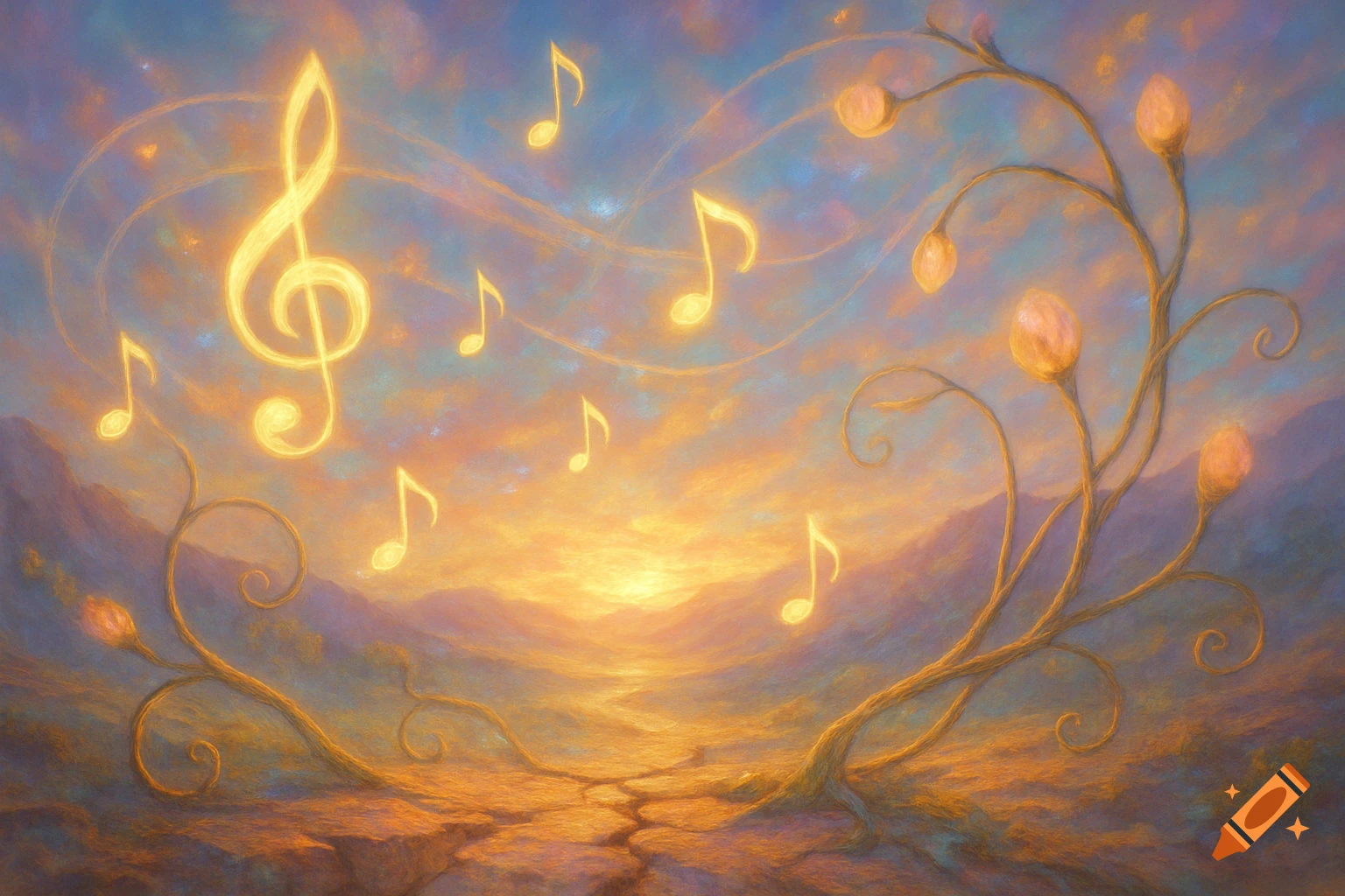 A mystical, glowing landscape with golden musical notes floating in a ...