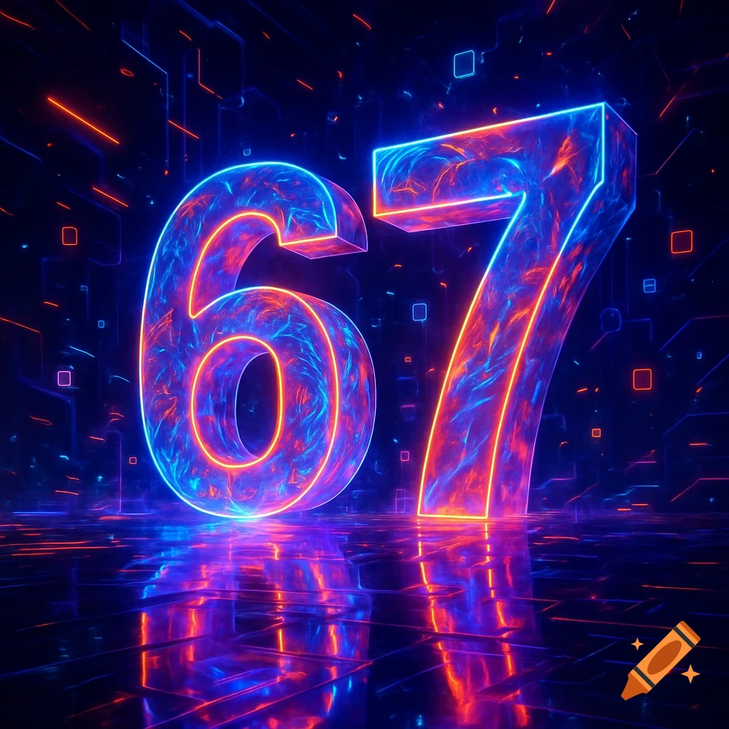 Two large, glowing neon numbers '67' on a reflective surface in a dark ...