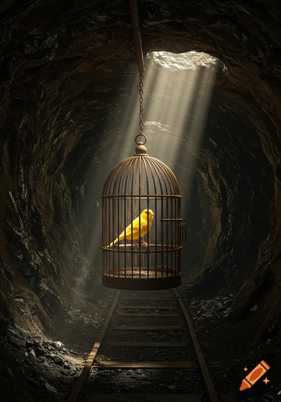A bright yellow canary sits in a rusty cage hanging in a dark mine ...