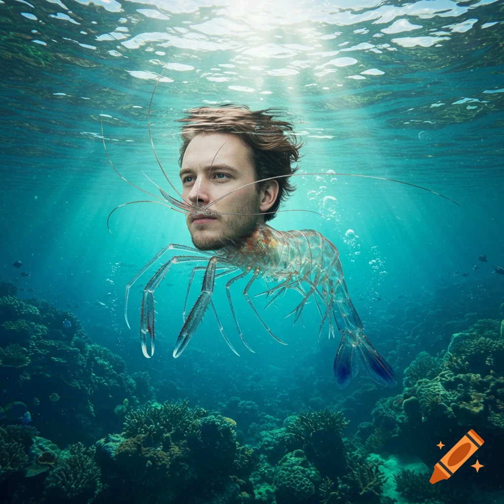 A man's head on a translucent shrimp's body floats underwater amidst ...