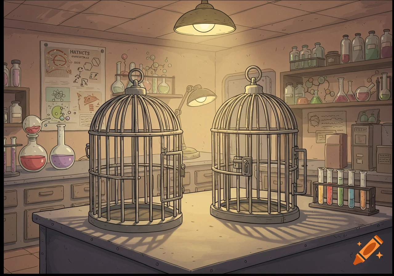 Cartoon illustration of two empty bird cages on a lab table with ...