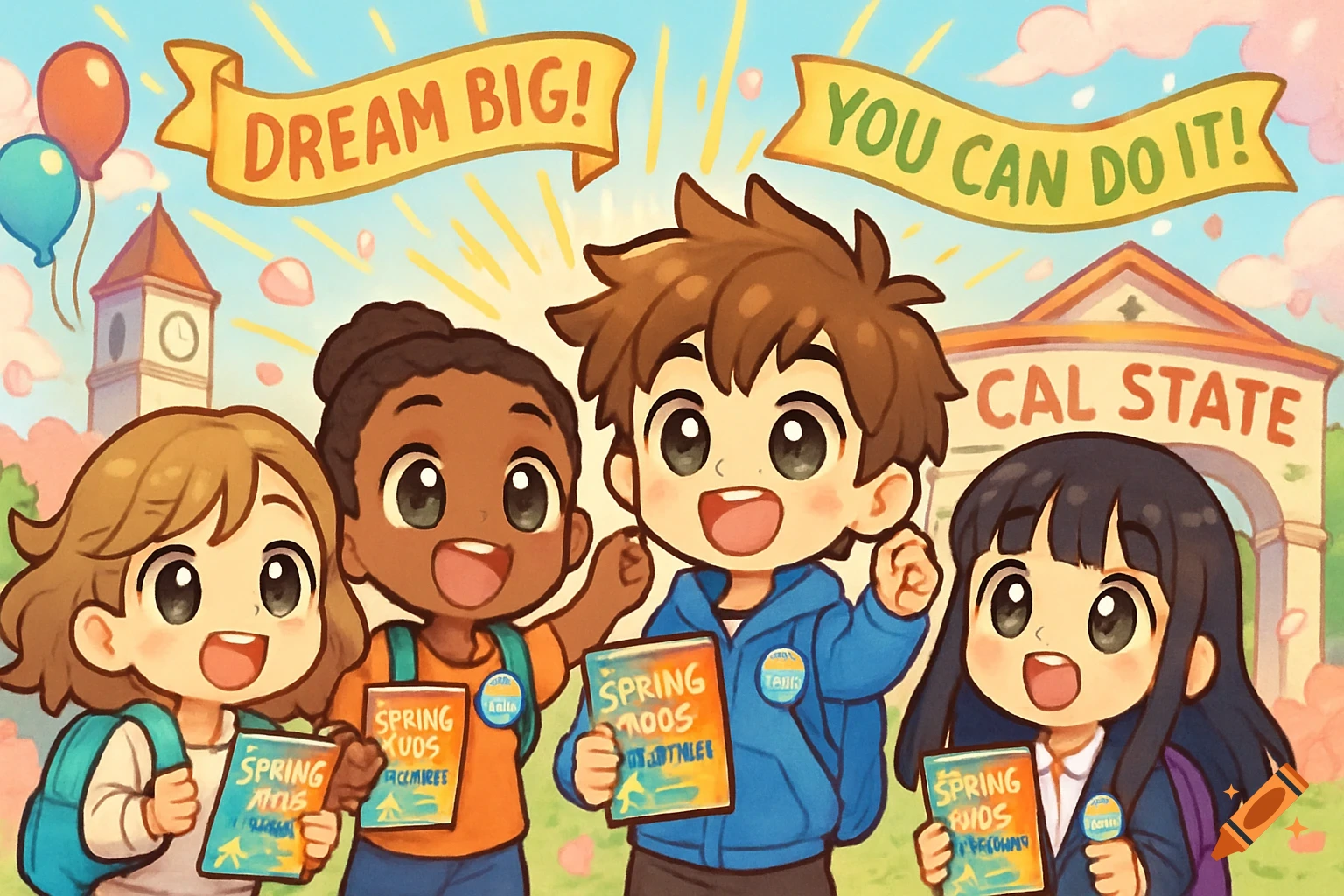 Chibi-style illustration of four diverse children smiling, holding ...