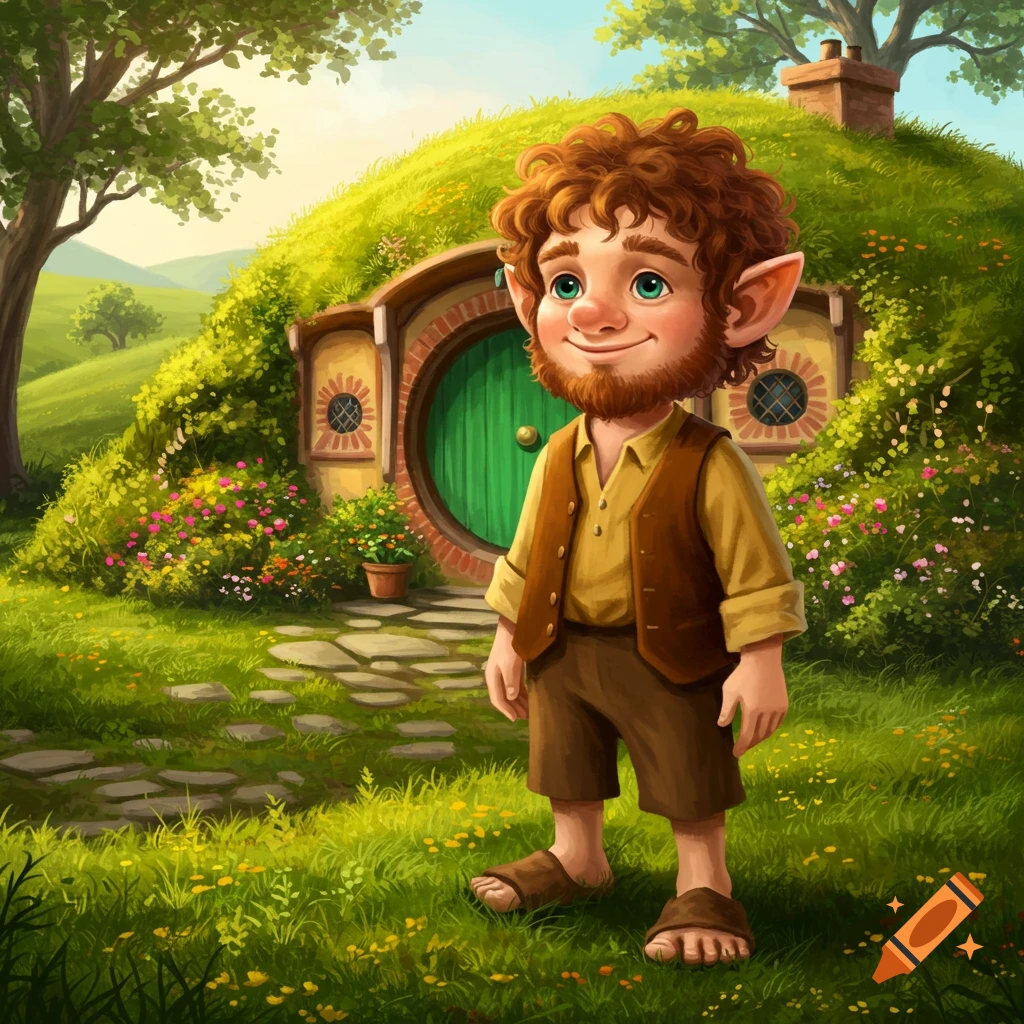 A cheerful, bearded hobbit with pointy ears stands in front of a hobbit ...