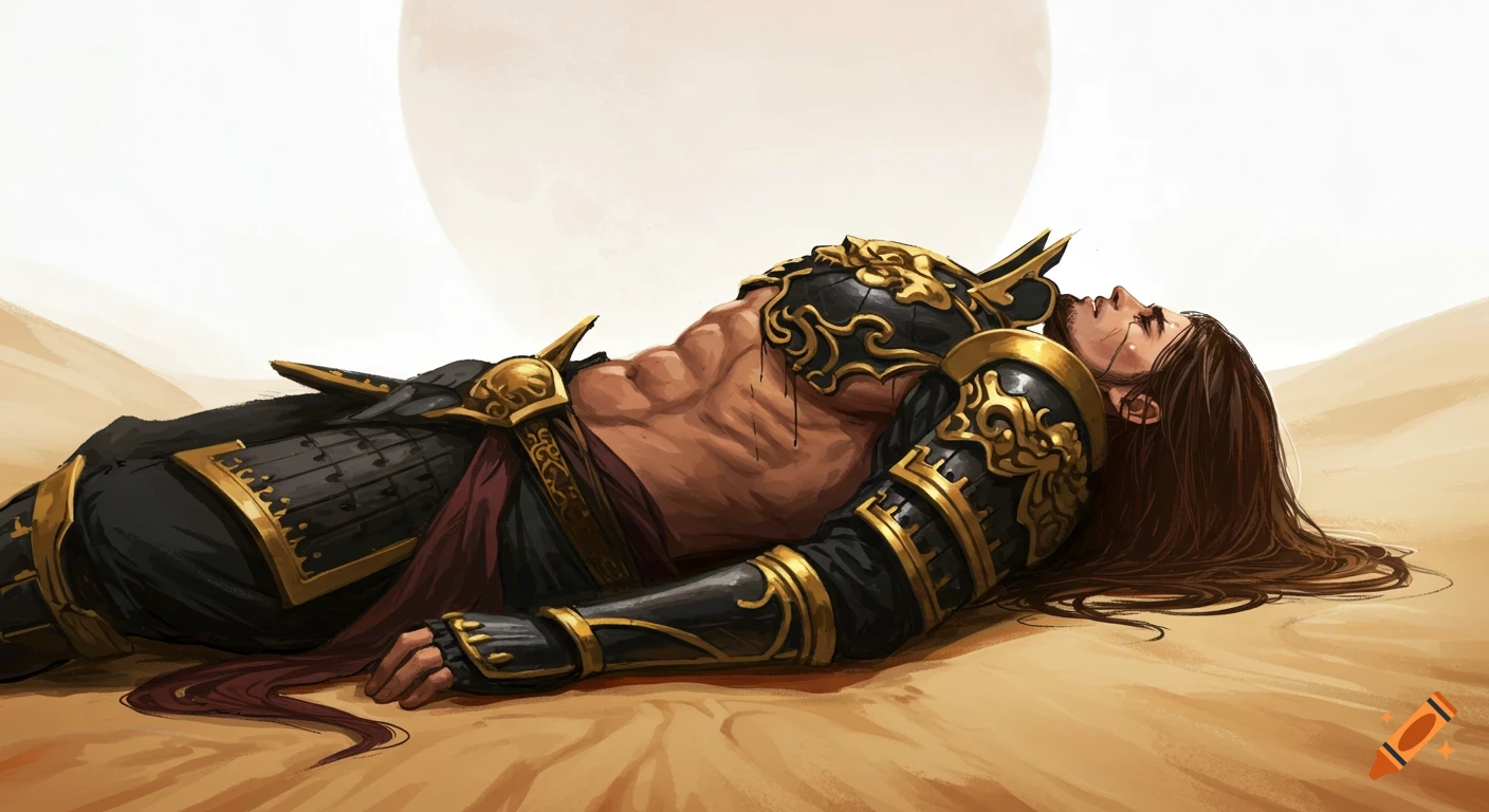 A fallen warrior in ornate black and gold armor lies wounded in a ...