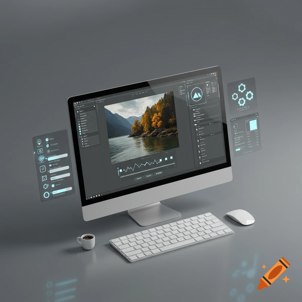 A modern computer setup with a monitor displaying a scenic landscape in ...