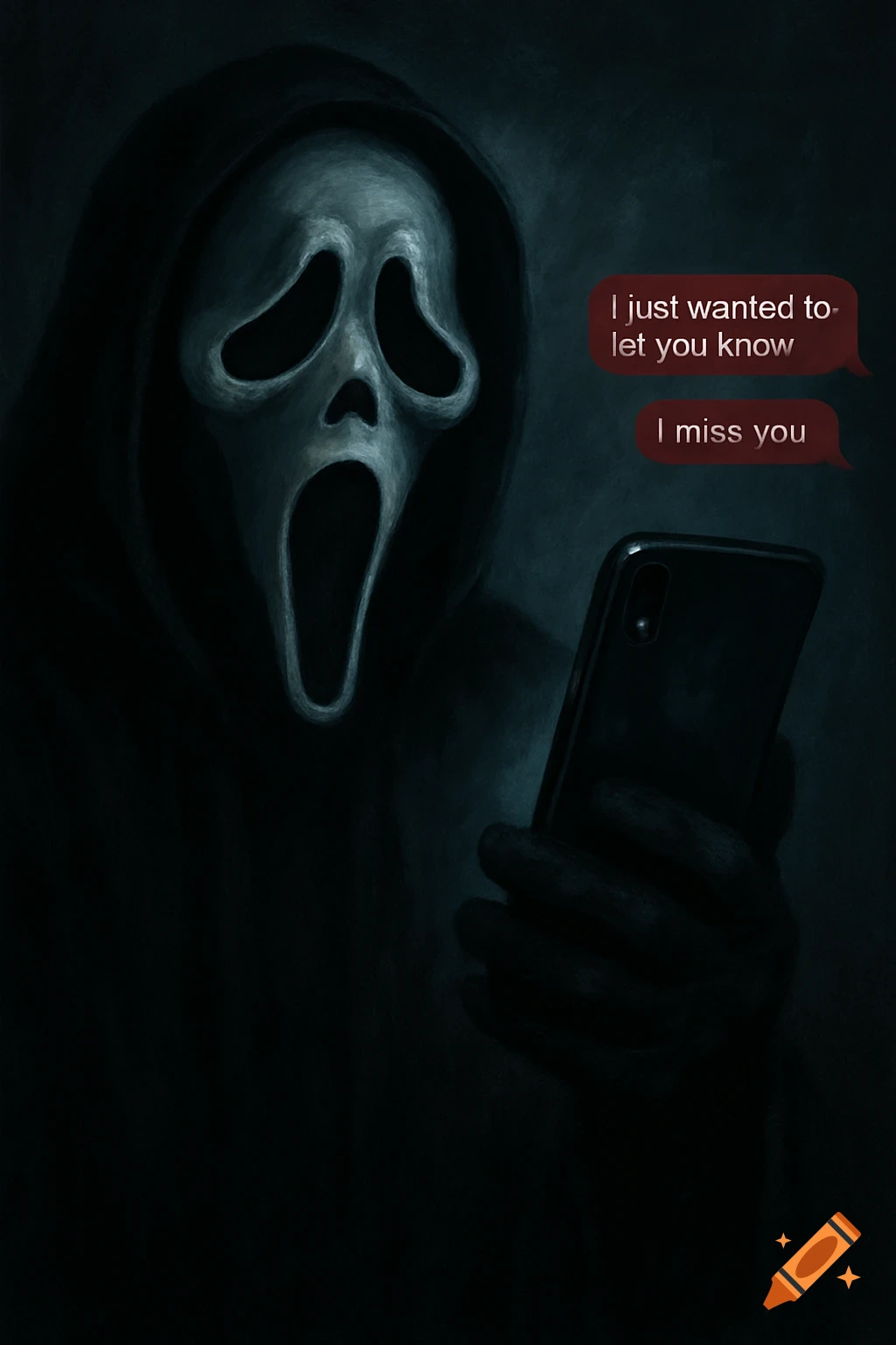 Stylized digital art of Ghostface holding a smartphone in the dark with ...