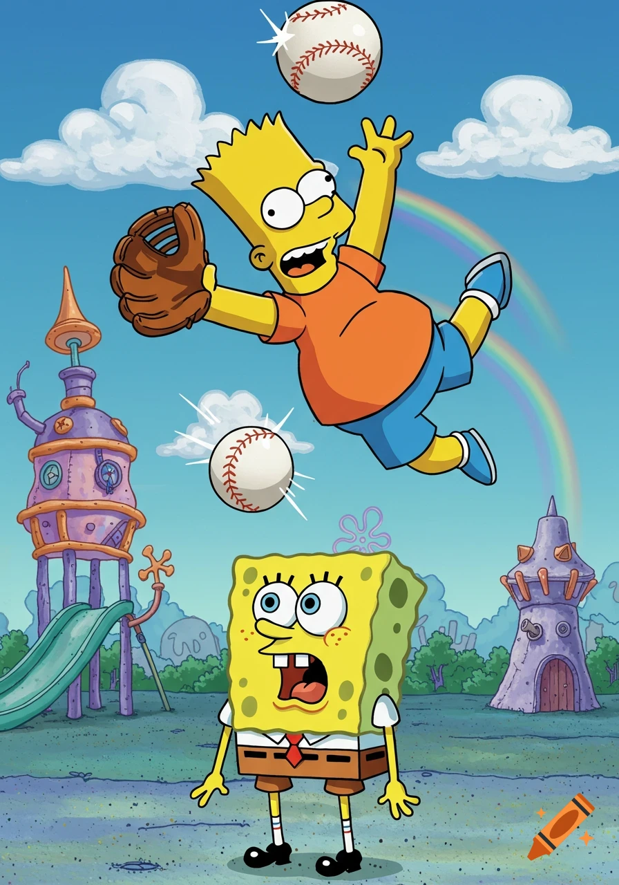 Cartoon Bart Simpson in mid-air with a baseball glove, two baseballs ...