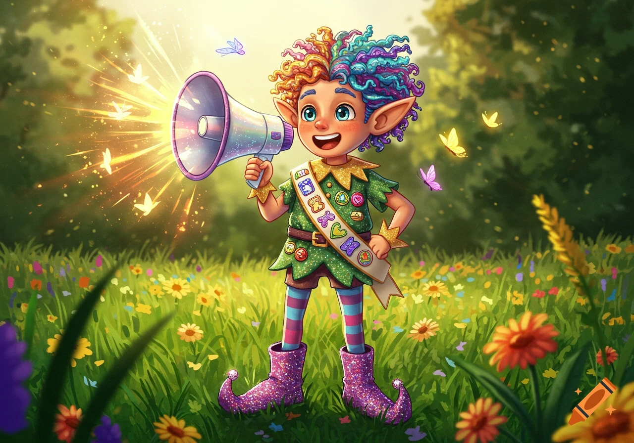 A colorful cartoon elf with glitter boots, a badge sash, and a ...