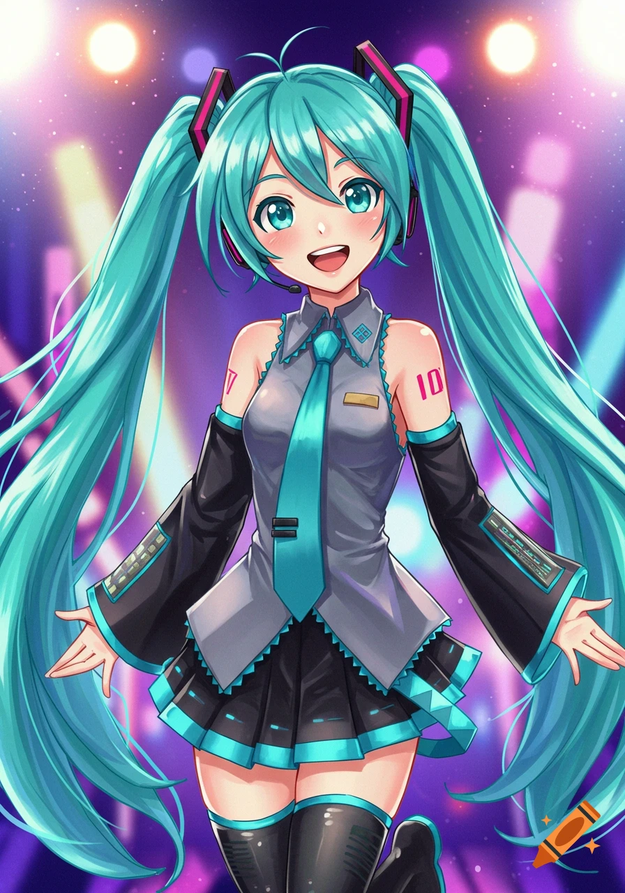 Hatsune Miku smiles with arms outstretched on a vibrant stage in an ...