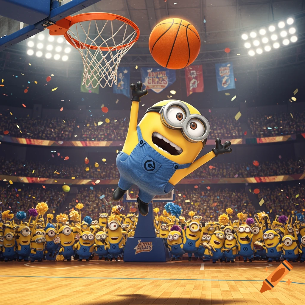 A Minion in overalls leaps to dunk a basketball during a game in a ...