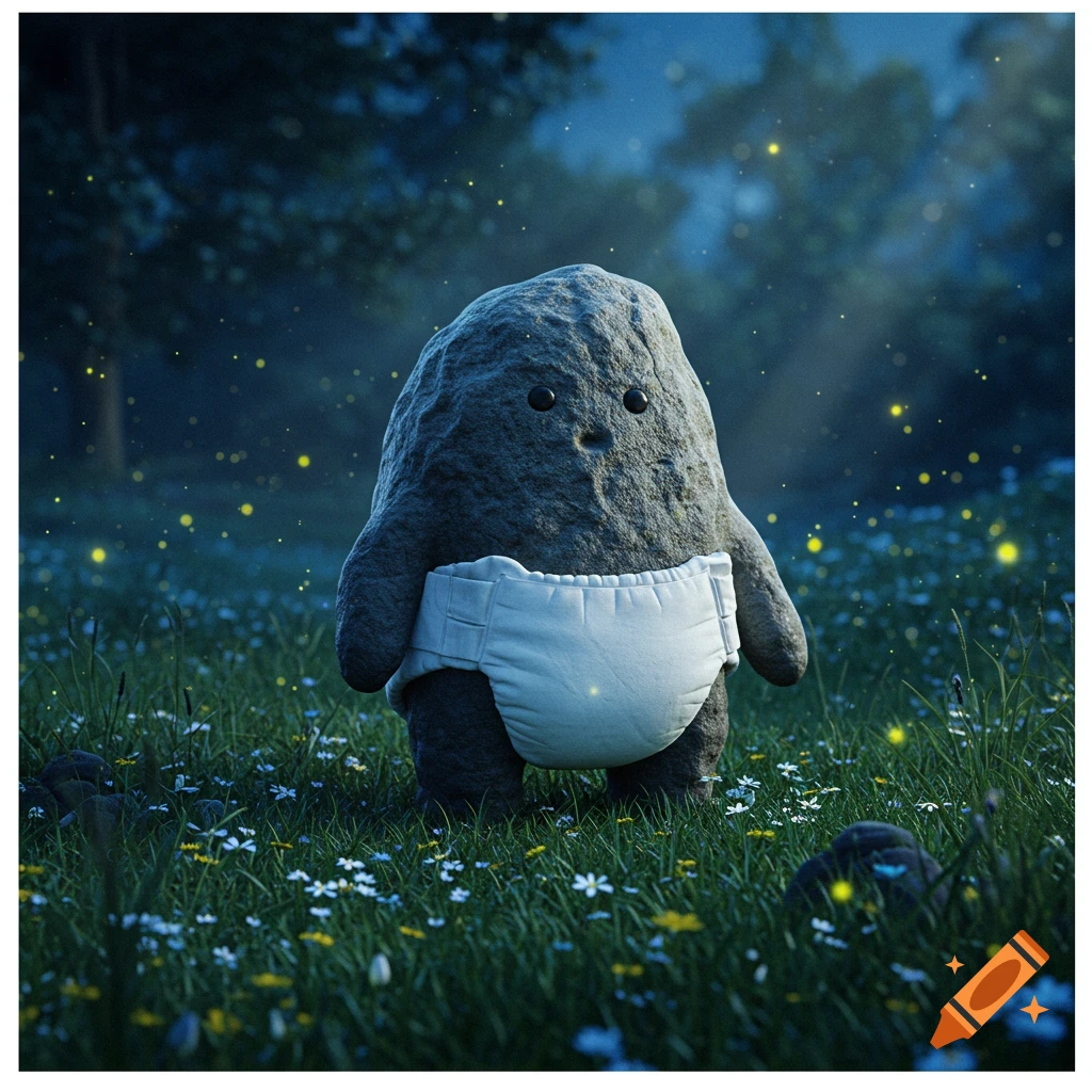 Photorealistic living rock creature in a white diaper stands in a ...