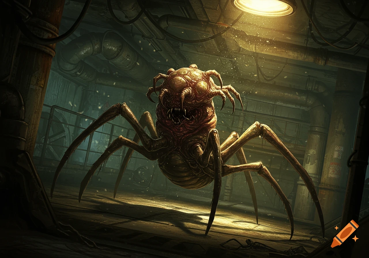 A monstrous, brown, spider-like creature with many legs and a fanged ...