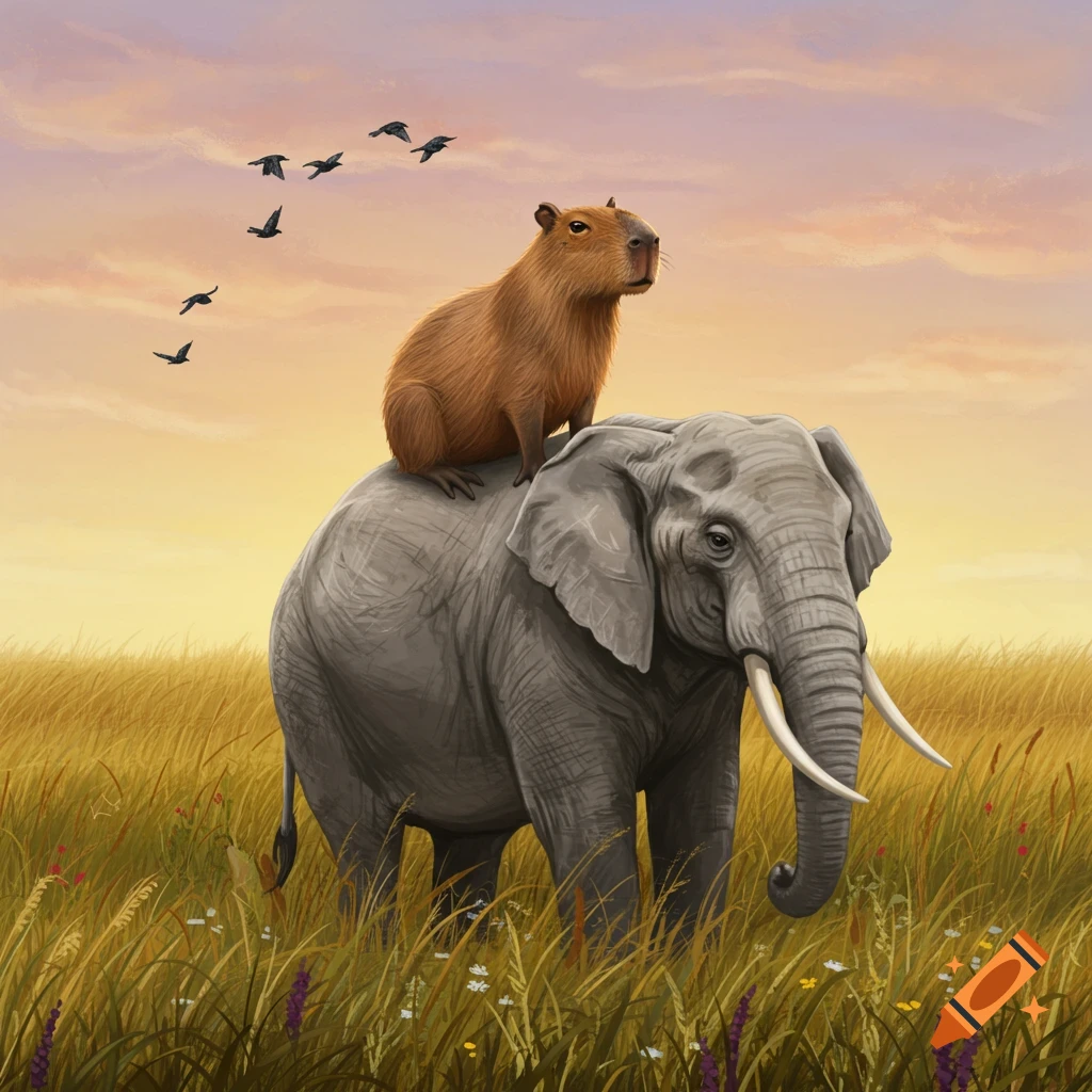 A capybara sits on an elephant's back in a grassy field at sunset, with ...