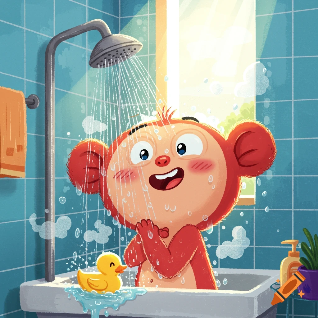 A cute cartoon monkey-like character happily showers in a blue-tiled ...