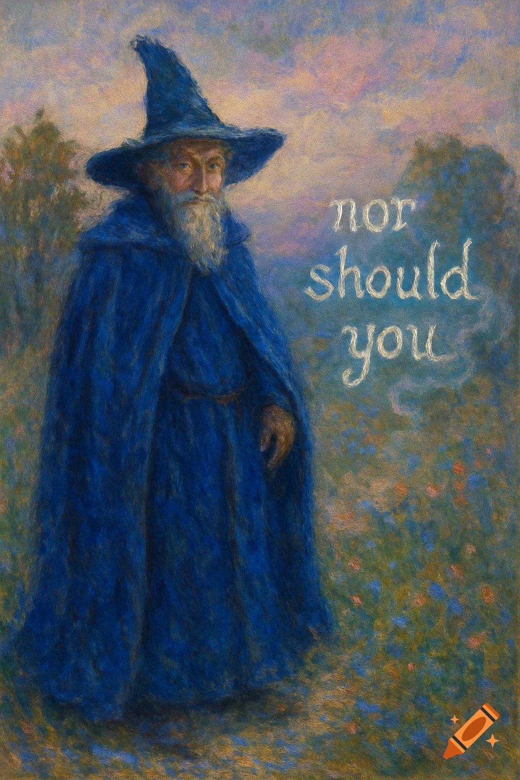A white-bearded wizard in a blue robe and hat stands in a field with ...