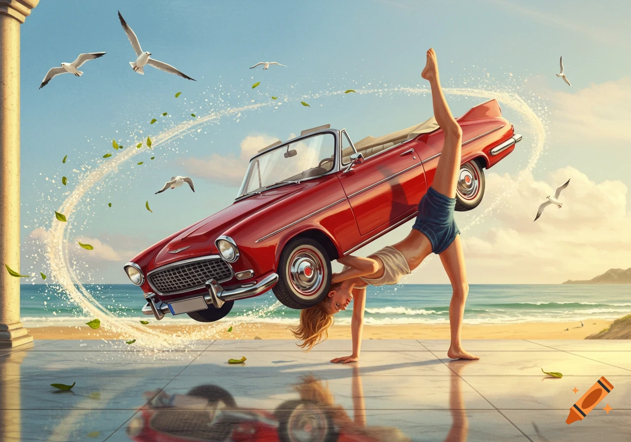A woman in a handstand balances a red convertible car on her feet at a ...