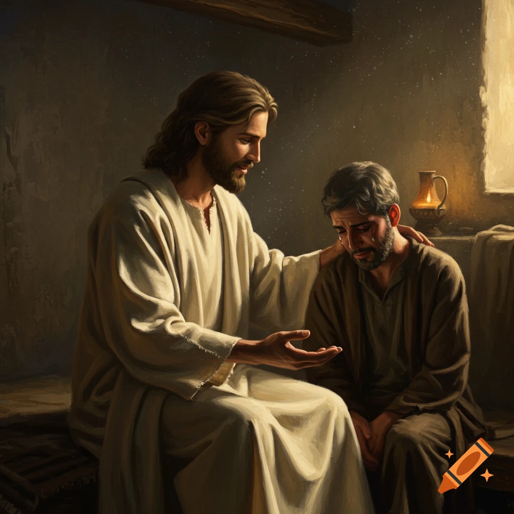 Jesus Christ in white robes comforts a weeping man in a dimly lit ...