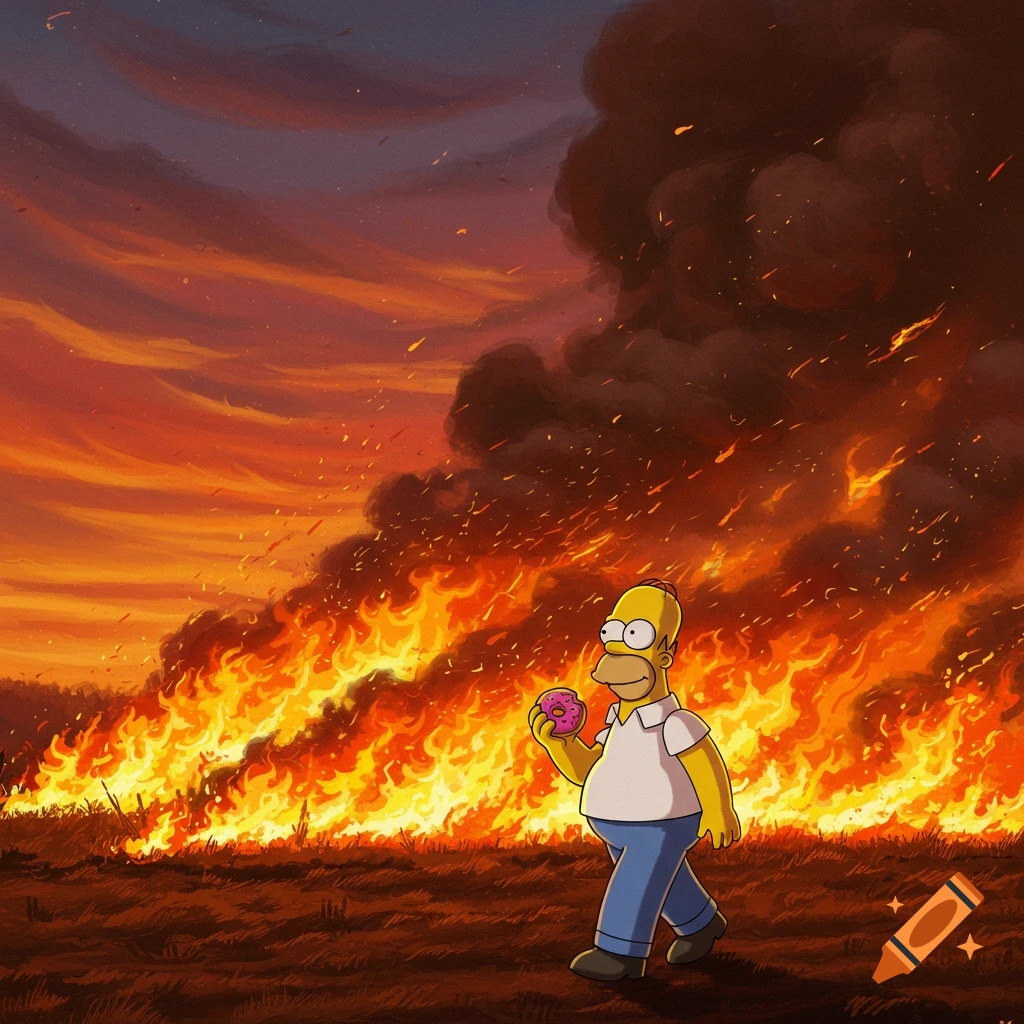 Homer Simpson walks through a field, holding a donut, as a massive ...